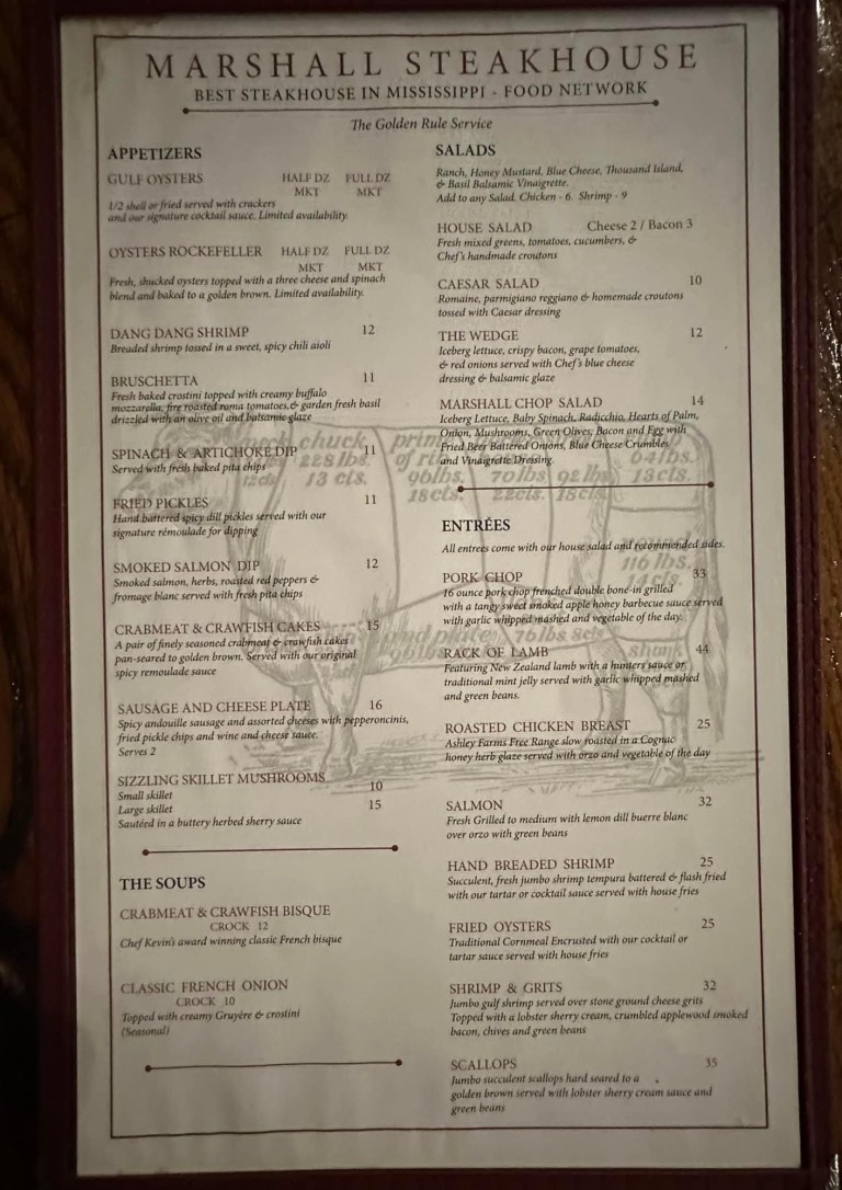 Marshall Steakhouse – Holly Springs, MS – Eating Out With Jeff Jones